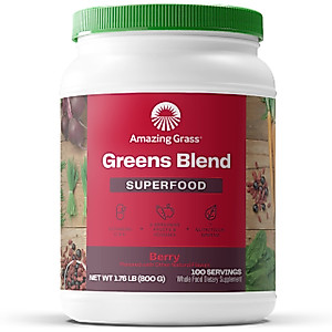 Amazing Grass Greens Superfood Powder: Greens Powder with Digestive Enzymes & Probiotics, Organic Spirulina, Chlorella, and Beet Root Powder, Berry, 100 Servings