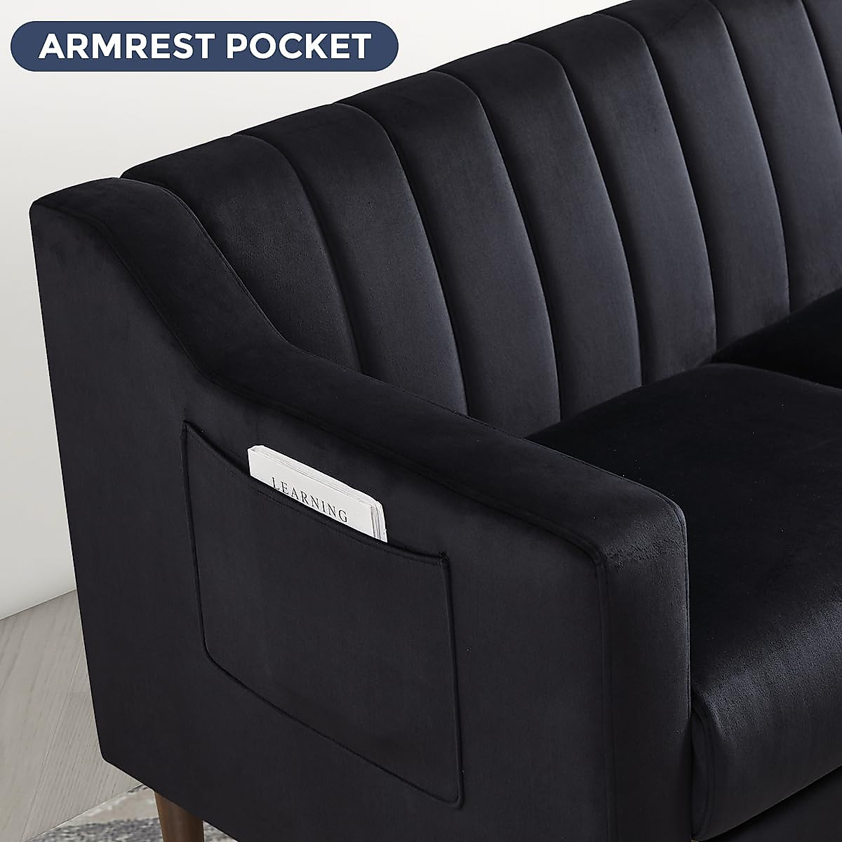 IULULU Velvet Sofa, 77 Inch 3-Seater Mid Century Modern Accent Couch, Upholstered Futon with Side Pocket, Wood Legs, Black