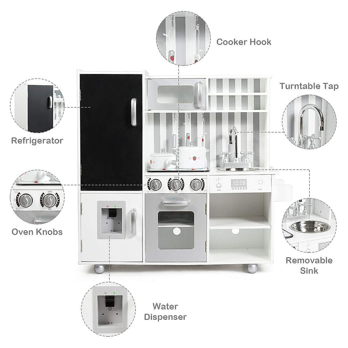 Costzon Kids Kitchen Playset, Wooden Pretend Chef Cooking Set with Simulated Sound, Accessory Utensils, Fringe, Blackboard, Water Dispenser, Oven, Sink, Toddler Kitchen Toy Set Gift for Boys Girls 3+