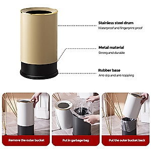 LEASYLIFE 2.3GAL Metal Trash Can, Modern Bathroom Garbage Can, Champagne Gold Fancy Gold Waste Paper Baskets for Bathroom,Bedroom,Living Room,Hotel,Office (9L-Champagne Gold)