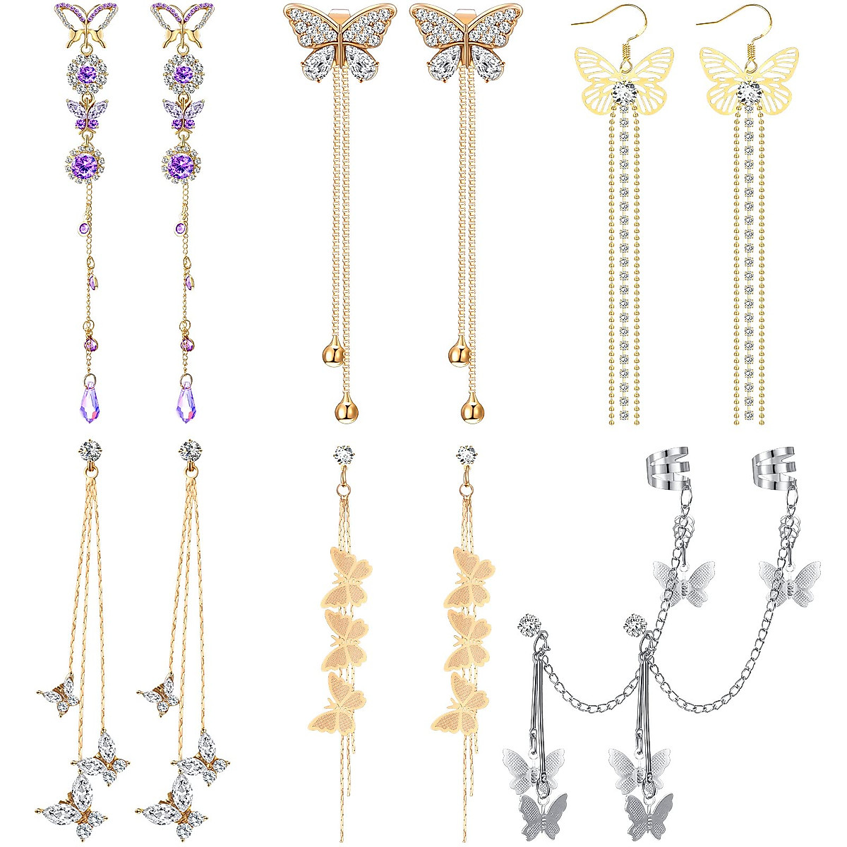 6 Pairs Butterfly Cuff Tassel Chain Earrings Cute Butterfly Stud Drop Dangle Earrings Long Crystal Butterfly Earrings Jewelry Butterfly Purple Rhinestones Statement Charm for Women Girl (Silver, Gold)