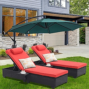 Chaise Lounge Chairs for Outside, 5-Speed Adjustable Patio PE Rattan Lounge Chairs with Cup Holder and Cushions, Outdoor Reclining Chair Set of 2 for Poolside Beach Yard (Orange Red)