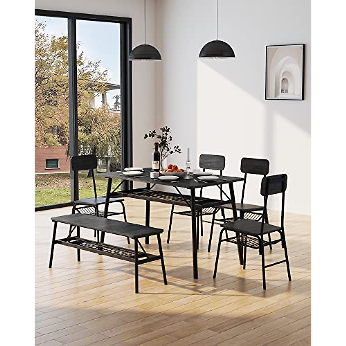 Bealife Dining Table Set for 6 with Bench, 6 Piece Dinette Set W/Chairs for Small Space, Kitchen Table and Chairs for 6 with Rectangular Table, Bench, 4 Chairs, Storage Rack, Steel Frame - Black