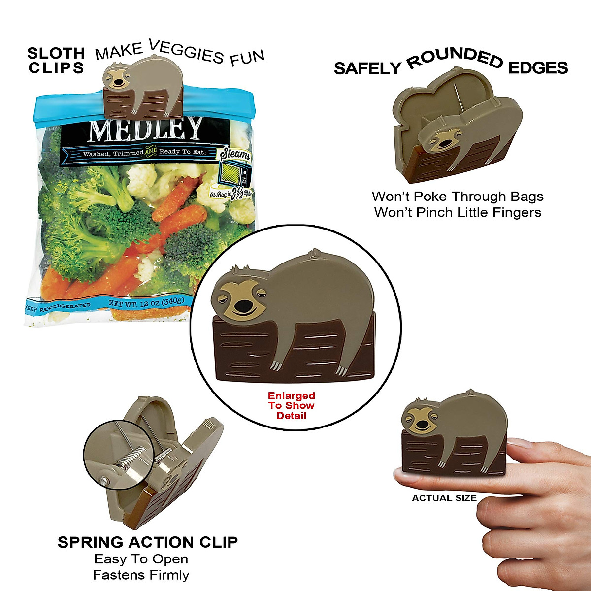 Sloth Bag Clips, 6 Woodland Sloth Chip Clip Set, Tight Food Saver, Snack Bag Sealer, Chip Clips Bag Clips Food Clips, Air Tight, Cute Sloth Party Supplies, Fun Sloth Stuff, Bag Clips for Food Storage