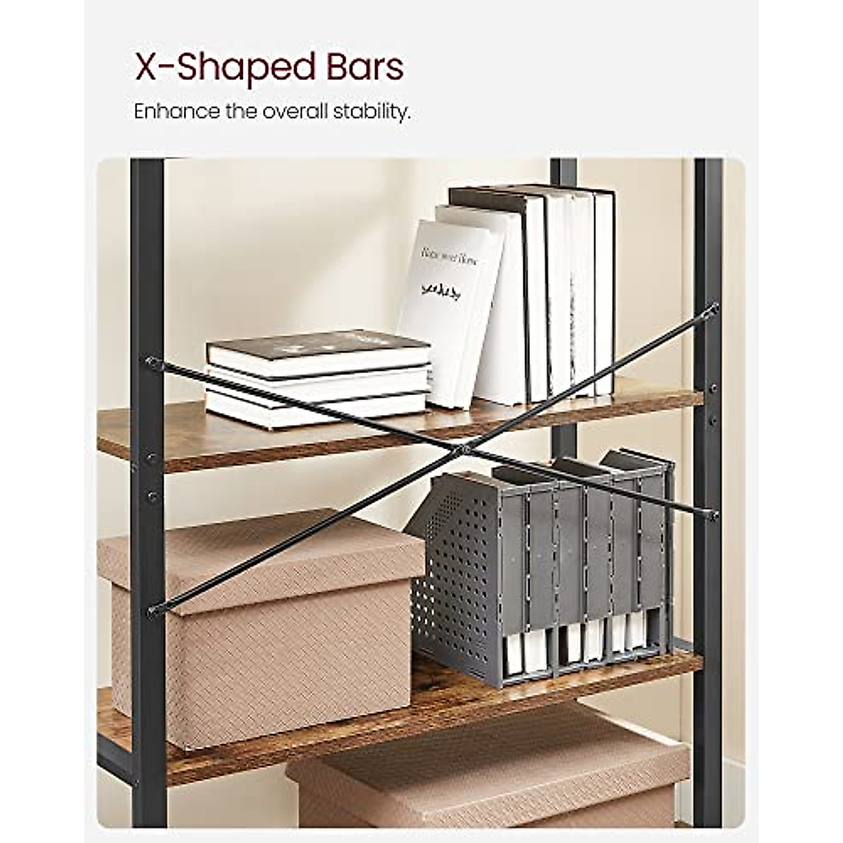 VASAGLE Bookshelf, 5-Tier Storage Rack with Steel Frame, for Living Room, Office, Study, Hallway, Industrial Style, Rustic Brown + Black, ‎11.8 x ‎31.5 x 60 inches