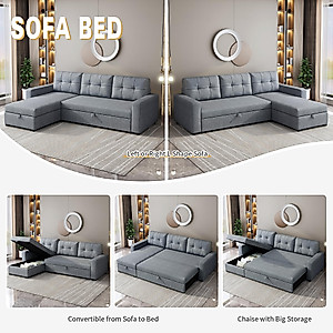 ACQCA 81.5" Sectional Sleeper Sofa with Chaise Storage and Pull-Out Bed,Living Room Convertible Couch with Tufted Linen Backrest,Reversible 3-Seater for Apartment,Office,Light Grey