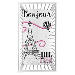 Sweet Jojo Designs Paris Girl Fitted Crib Sheet Baby or Toddler Bed Nursery Photo Op - Hot Pink, Black and White Eiffel Tower Striped Hot Air Balloon