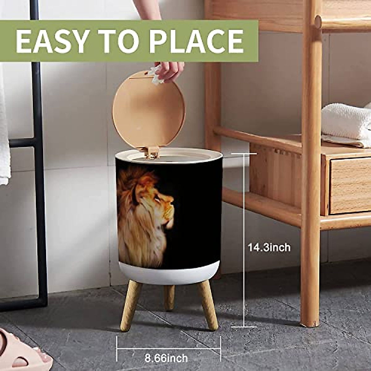 IBPNKFAZ89 Small Trash Can with Lid African Lion Profile Portrait Isolated on Black Spectacular Dramatic Garbage Bin Wood Waste Bin Press Cover Round Wastebasket for Bathroom Bedroom Office Kitchen