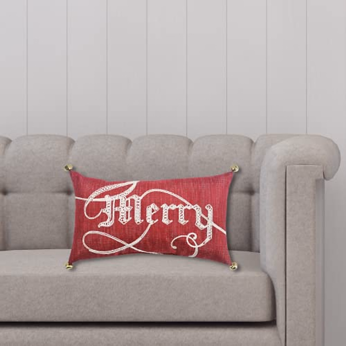 Comfy Hour Joyful Holiday Collection Merry Christmas with Four Bells Throw and Accent Pillow, Fashionable Cushion, Winter Decoration, Red, 14"x8"x5", Polyester