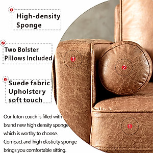 HOOOWOOO 69.7" Small Loveseat Sofa MCM Modern 2-Seater Couch with Bolster Pillows Button Tufted Seat Square Arm for Office Living Room Bedroom Small Space, Brown Faux Leather