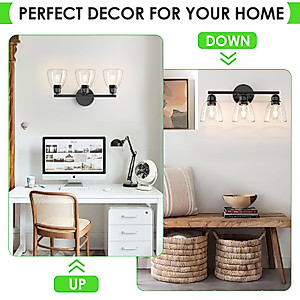 FOLKSMATE 3-Light Bathroom Light Fixtures, Matte Black Modern Vanity Lights, Sconces Wall Lighting with Clear Glass Shade, Wall Mount Lights Wall Lamp