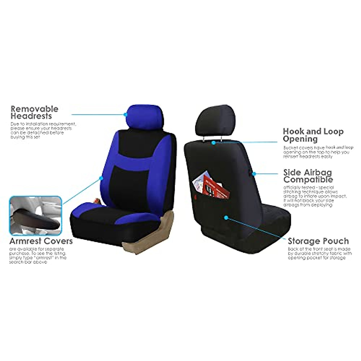 FH Group Light & Breezy Cloth Full Set Car Seat Covers (Blue/Black) Combo Set: Steering Wheel Cover, Seat Belt Pads and Black Vinyl Floor Mats – Universal Fit for Cars Trucks & SUVs
