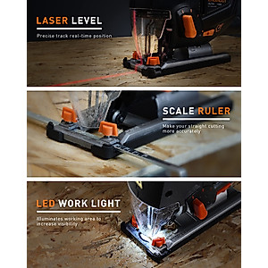 6.7 Amp 800W Jigsaw, ENGiNDOT (800-3000 SPM) Jig Saw with 6 Variable Speed, Laser & LED, 4 Orbital Sets, 6 Blades, 45° Bevel Cutting, Scale Ruler, Dust Blowing for Wood, Metal and Plastic Cutting