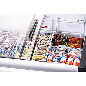 Duura Commercial Mobile Ice Cream Display Chest Freezer Sub Zero Temp Curved Glass Top Frost Free Lid with 3 Wire Baskets, 31.5 Inch Wide 4.87 Cubic Feet, White