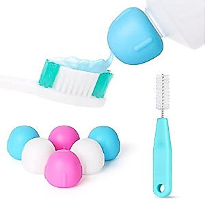 FRSISI Toothpaste Caps with Cleaning Brush,Self Closing Toothpaste Cap Silicone for Kids and Adults,Hygiene Mess Free Toothpaste Cover Dispenser Toothpaste Squeezer for Bathroom(6 Pack)