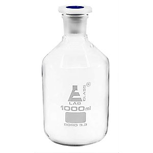 EISCO 1000mL (33.8oz) Glass Reagent Bottle with Acid Proof Polypropylene Stopper, Borosilicate 3.3 Glass Labs