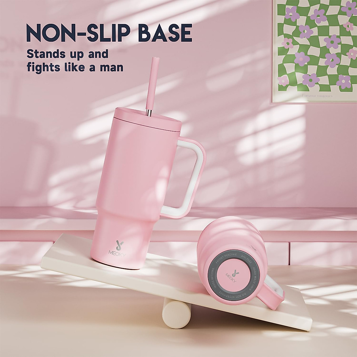 Meoky 24 oz Tumbler with Handle and Straw, 100% Leak-proof Tumbler with Lid and Straw, Insulated Stainless Steel Travel Coffee Mug, Keeps Cold for 24 Hours (Blush)