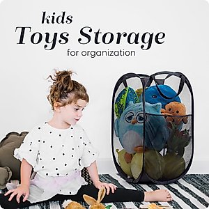 Handy Laundry Collapsible Mesh Pop Up Hamper with Wide Opening and Side Pocket – Breathable, Sturdy, Foldable, and Space-Saving Design for Clothes and Storage. (Black | 2-Pack)