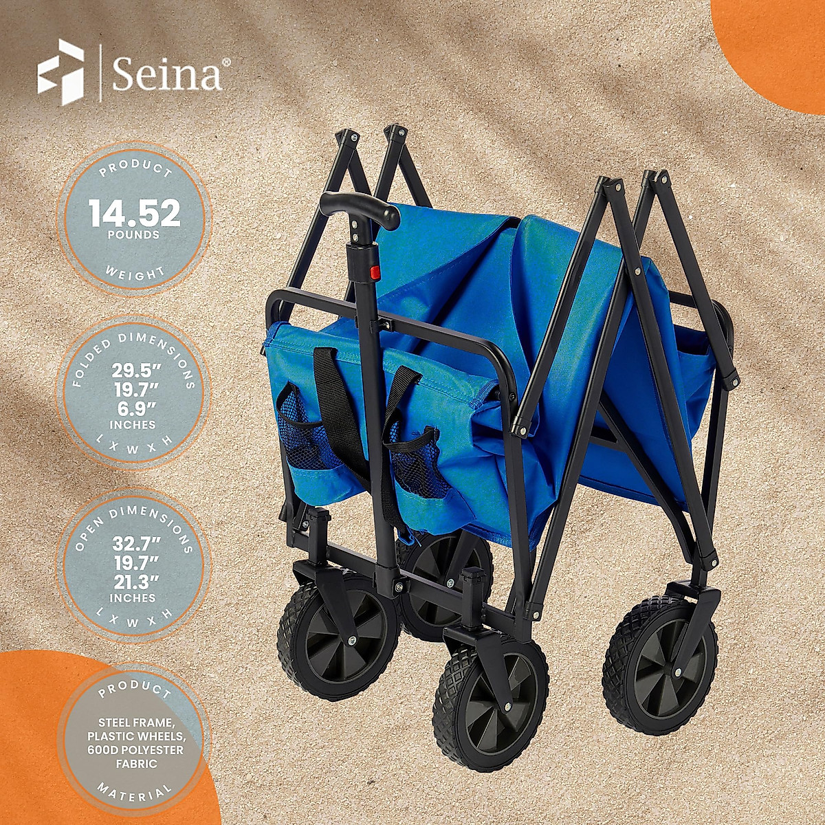 Seina Heavy Duty Steel Compact Collapsible Folding Outdoor Portable Utility Cart Wagon w/All Terrain Rubber Wheels and 150 Pound Capacity, Blue