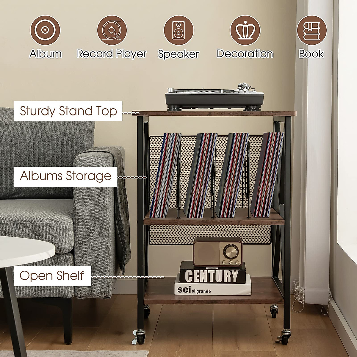 Giantex Record Player Stand, Vinyl Record Storage Table w/ 3 M-Shaped Dividers & 4 Rolling Wheels, Turntable Stand Holds Up to 250 Albums for Living Room, Office, Rustic Brown