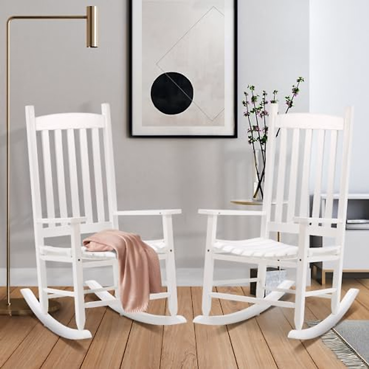 Yewuli Outdoor Patio Wooden Rocking Chairs Set of 2 Clearance,Porch Rockers Chair Outdoor with High Back and Handrail,Outside White Big and Tall Rocking Chairs Indoor for Porch,243LBS,White