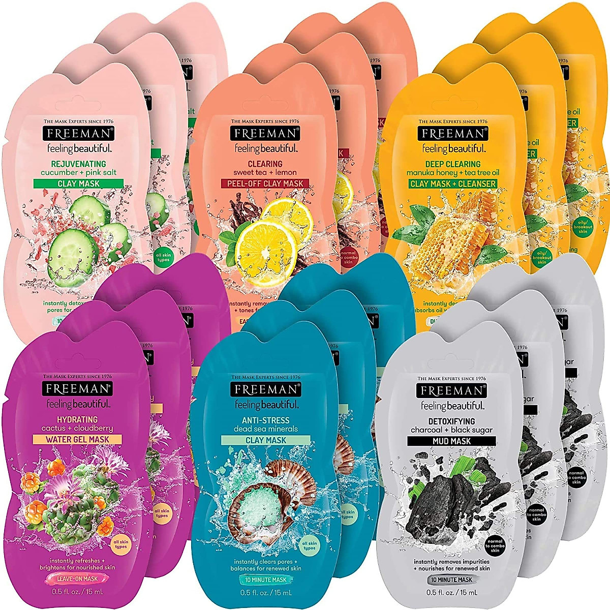 FREEMAN Facial Mask Variety Pack: Clay, Gel, Mud, & Peel-Off Skincare Masks, Hydrating, Detoxifying, Clearing, & Rejuvenating, Travel-Friendly Sachets, 18 Count