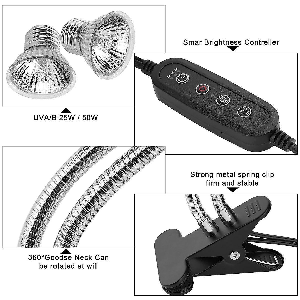 NBIIUYIGE Reptile Heat Lamp, Dual-Head UVA UVB Reptile Light, Heating Lamp with Cycle Timer, Heat Lamp for Reptiles Bearded Dragon Turtle Crab Snake Lizard, Separate Control, 3 Basking Bulbs Light