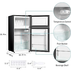 SORECI Mini Fridge With Freezer,3.2 Cu.Ft 2 Door Compact Refrigerator For Bedroom,Office,Kitchen,Apartment,Dorm (Black.)