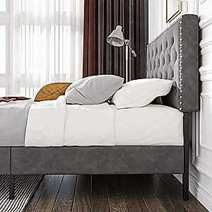 Queen Bed Frame with Headboard, Velvet Upholstered Platform Bed Frame with Adjustable Headboard, Button Tufted Headboard and Modern Riveted Decoration, Wood Slat Support, No Box Spring Needed, Easy Assembly
