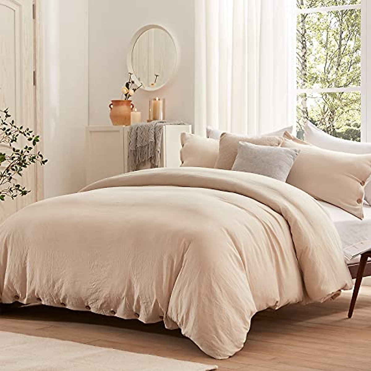 NexHome Beige Duvet Cover Sets King Size 3 Piece Double Brushed Microfiber King Duvet Cover with Button Closure & Corner Ties 1 King Breathable and Soft Duvet Cover 104x90 inches + 2 Pillow Shams