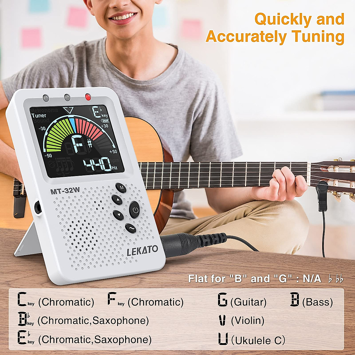 Metronome Tuner, Rechargeable 3 In 1 Digital Metronome with Vocal Count, Tone Generator Tuners for Guitar, Bass, Violin, Ukulele, Chromatic, Clarinet, Trumpet, Flute, All Instruments, White by LEKATO