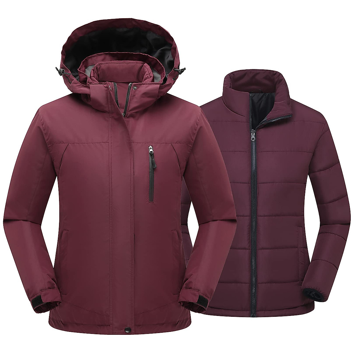 PTSOC Women's 3 in 1 Waterproof Ski Jacket Warm Winter Snow Coat Windproof Hooded Snowboarding Raincoat Wine Red Small