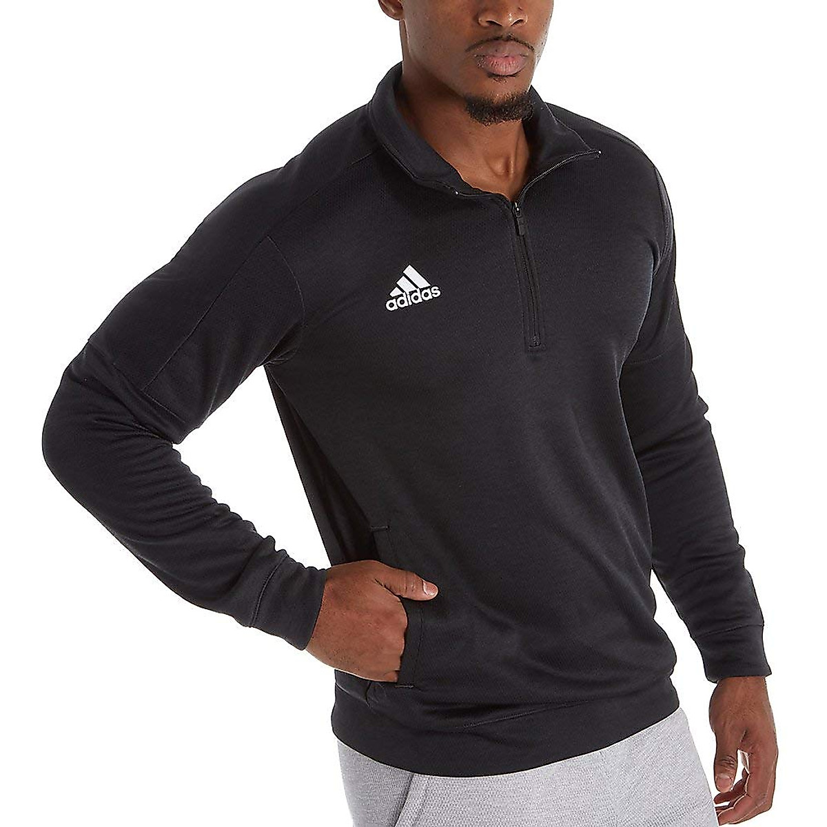 adidas Athletics Team Issue 1/4 Zip Long Sleeve, Black Melange/White, Small