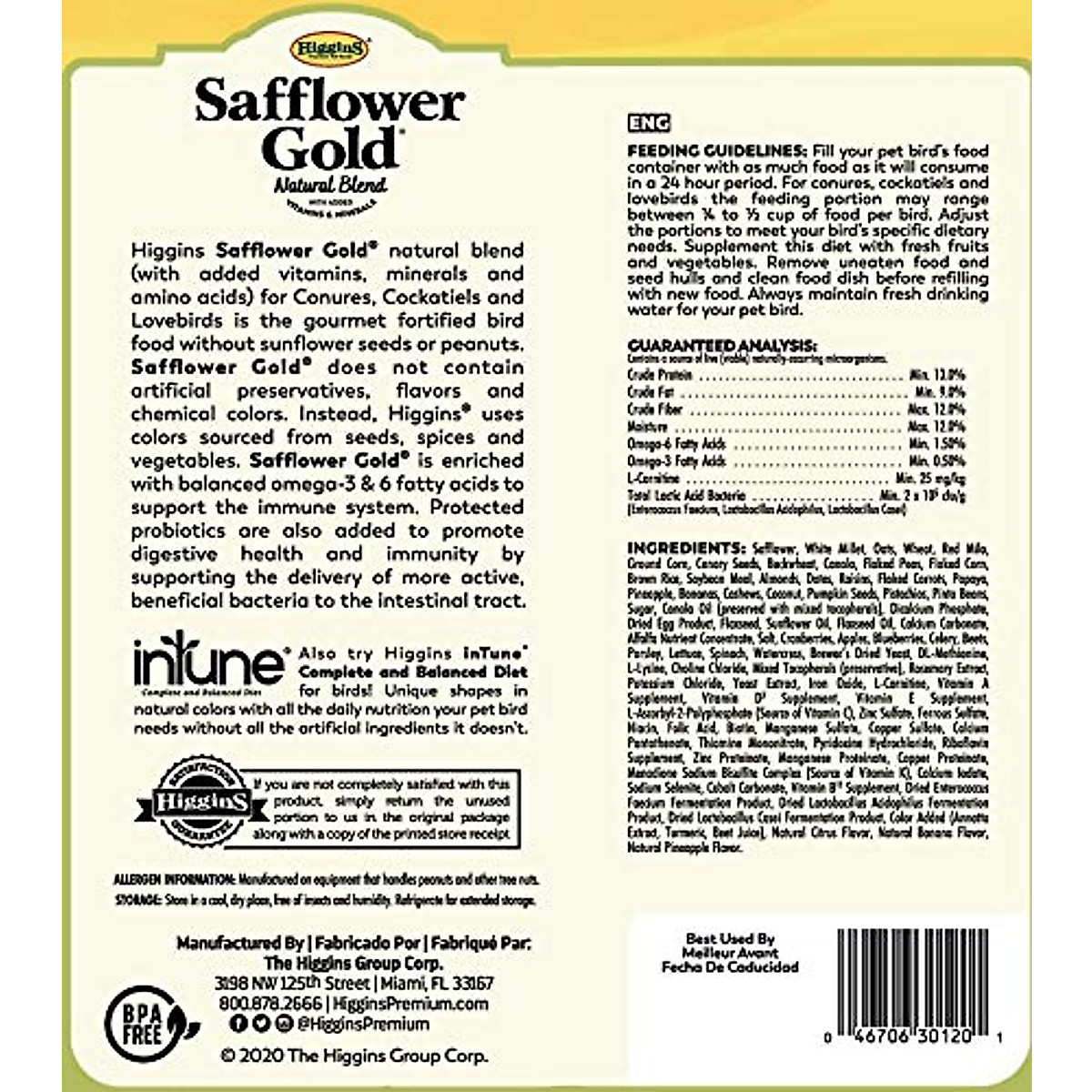 Higgins 2 Pack of Safflower Gold Natural Blend Conure and Cockatiel Food, 3 Pounds Each
