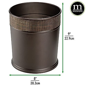 mDesign Decorative Round Small Trash Can Wastebasket, Garbage Container Bin for Bathrooms, Powder Rooms, Kitchens, Home Offices - Steel in Bronze Finish with Woven Textured Accent