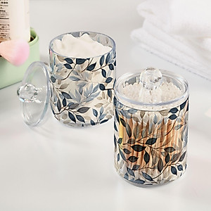 Blue Gray Leaves Qtip Holder 2Packs Apothecary Jars with Lids Cotton Ball Holder Bathroom Organizer Dispenser Plastic Jar for Floss Vanity Cotton Pad Swab Room Home Decor