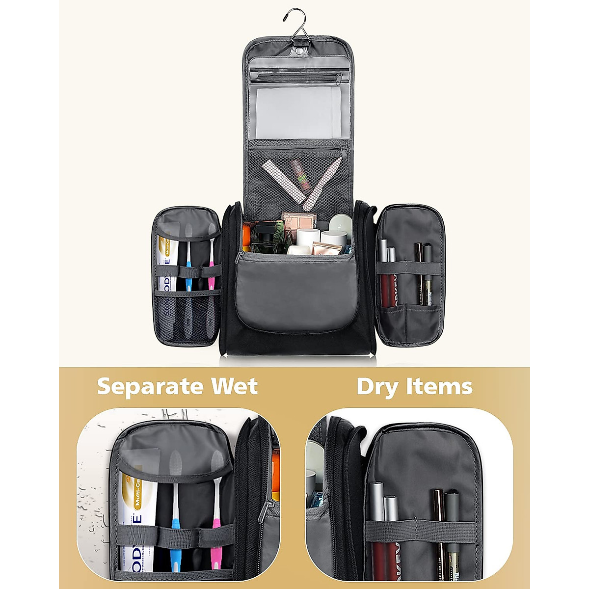 MULISOFT Toiletry Bag for Women and Men, Water-resistant Travel Makeup Bag with Hanging Hook, Compact Travel Toiletry Organizer Bag, Makeup Organizer Bag for Cosmetics, Dopp Kit Shaving Bag, Black