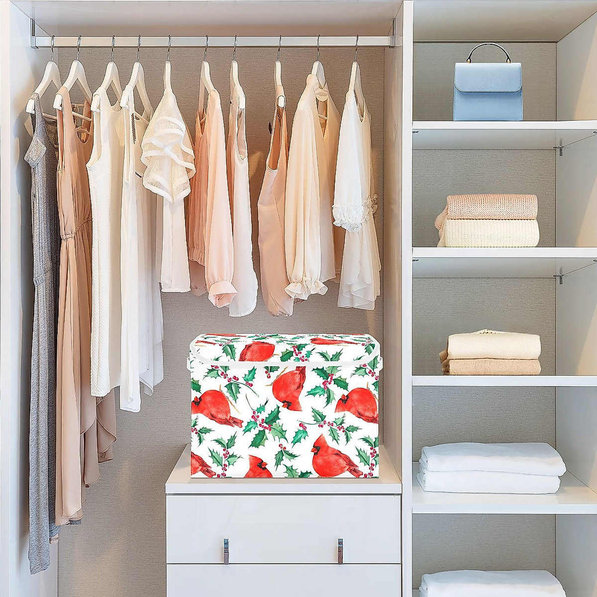 Krafig Foldable Storage Box Christmas Red Holly Berries Cardinal Birds Large Cube Organizer Bins Containers Baskets with Lids Handles for Closet Organization, Shelves, Clothes, Toys
