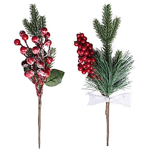 14PCS Artificial Berry Picks, Christmas Pine Picks with Red & White Berries Pine Cones for Christmas Decorations DIY Crafts Gift Wrapping Flower Arrangements Wreaths Holiday Floral Snowy Picks (14)