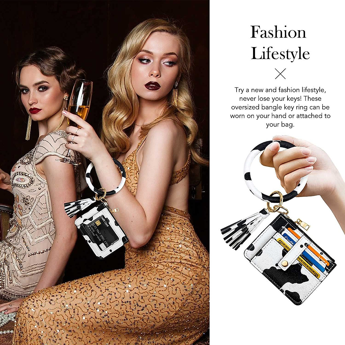 Circle Bangle Leather Keychain Wallet ID Card Holder Keyring Wristlet Bracelet Key Ring Chain Tassel Purse Women Girls (Cow)