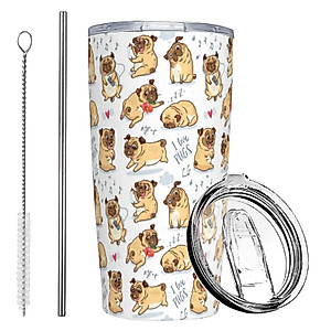 Pug Tumbler Pug Gift for Pug Lovers, Dog Cup with Lid and Straw, 20 Oz Stainless Steel Insulated Bottle Coffee Mug