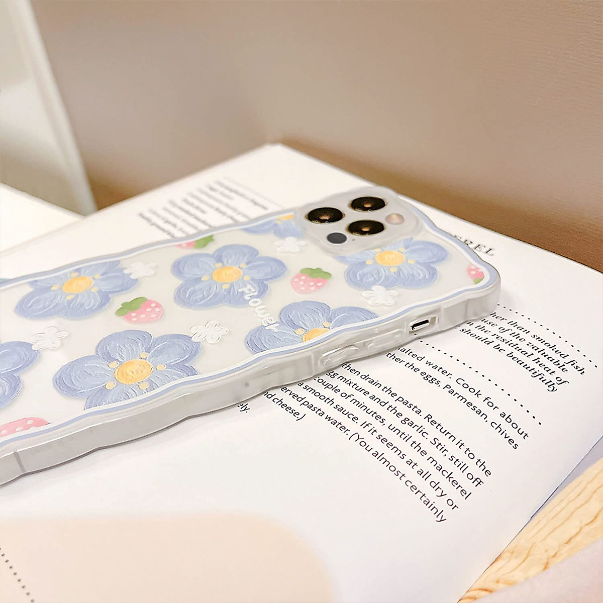 Ownest Compatible for iPhone 13 Pro Max Clear Case 6.7 Inch with Flower Cute Strawberry Lace Design for Girls Woman TPU Protective Slim Shockproof Floral Case for iPhone 13 Pro Max-Blue