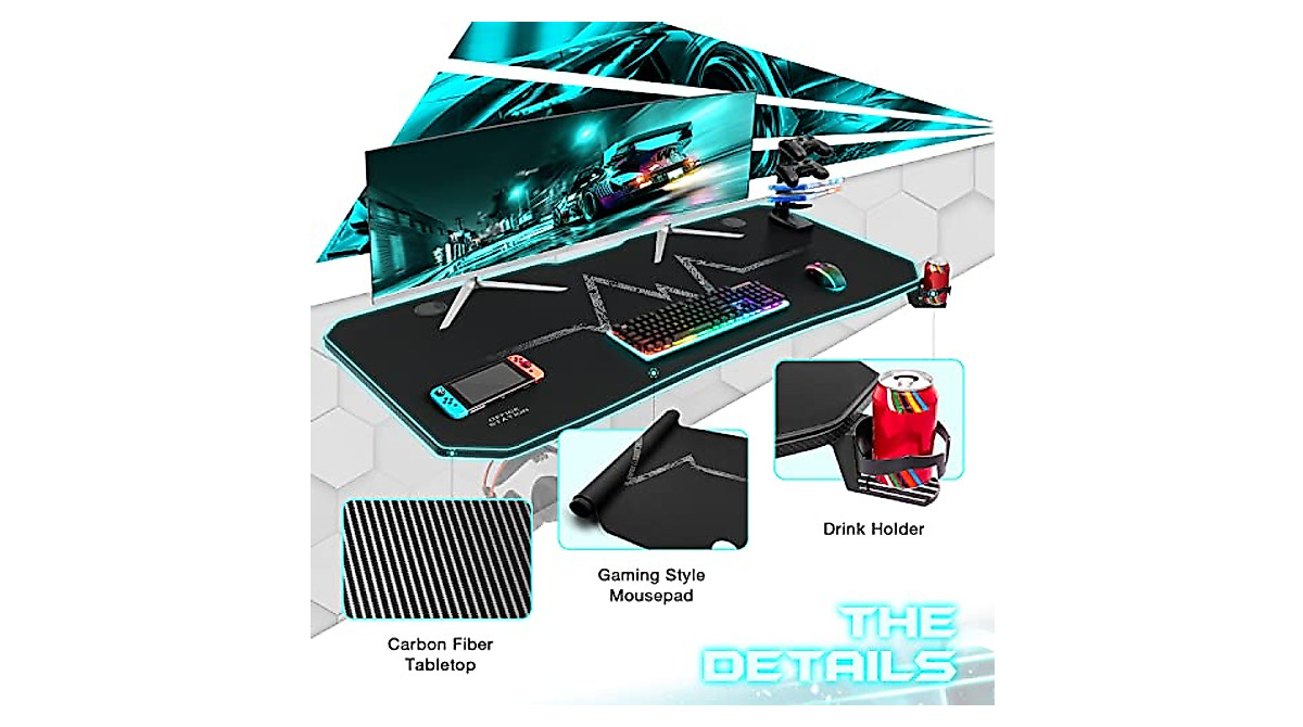 Furmax Gaming Desk T-Shaped Pc Computer Table with Carbon Fiber Surface ...