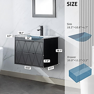 eclife 24" Bathroom Vanities Cabinet with Sink Combo, Wall Mounted Floating Cabinet W/Decor Line, Soft-Close System, 2 Extra Big Drawers, Matte Black Faucet, Black