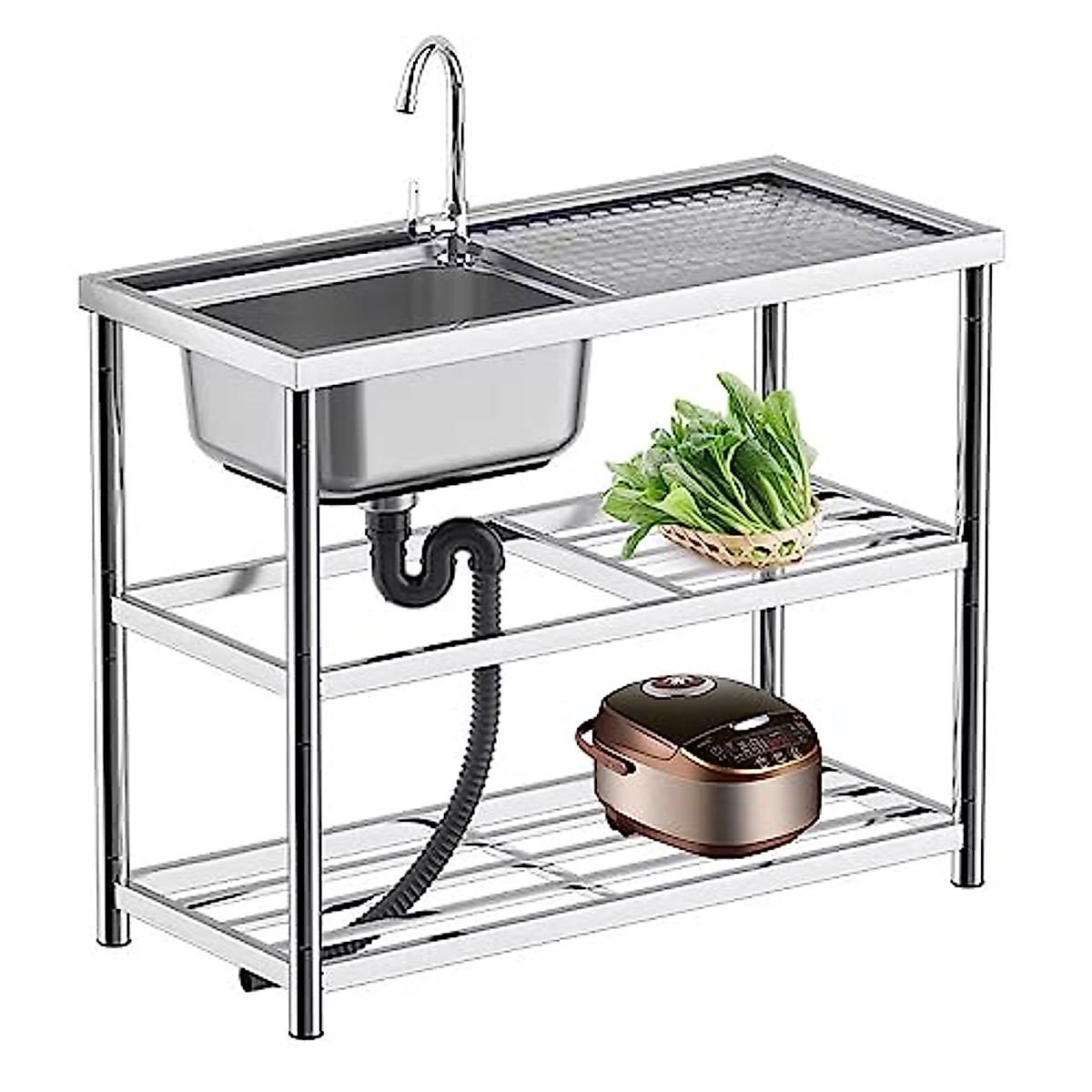Large Single Bowl Sink Commercial Kitchen Washing Sink Free Standing Restaurant Sink Station Industrial Garage Sink w/Workbench & Storage Shelves (100cm/39.3in,Package A)