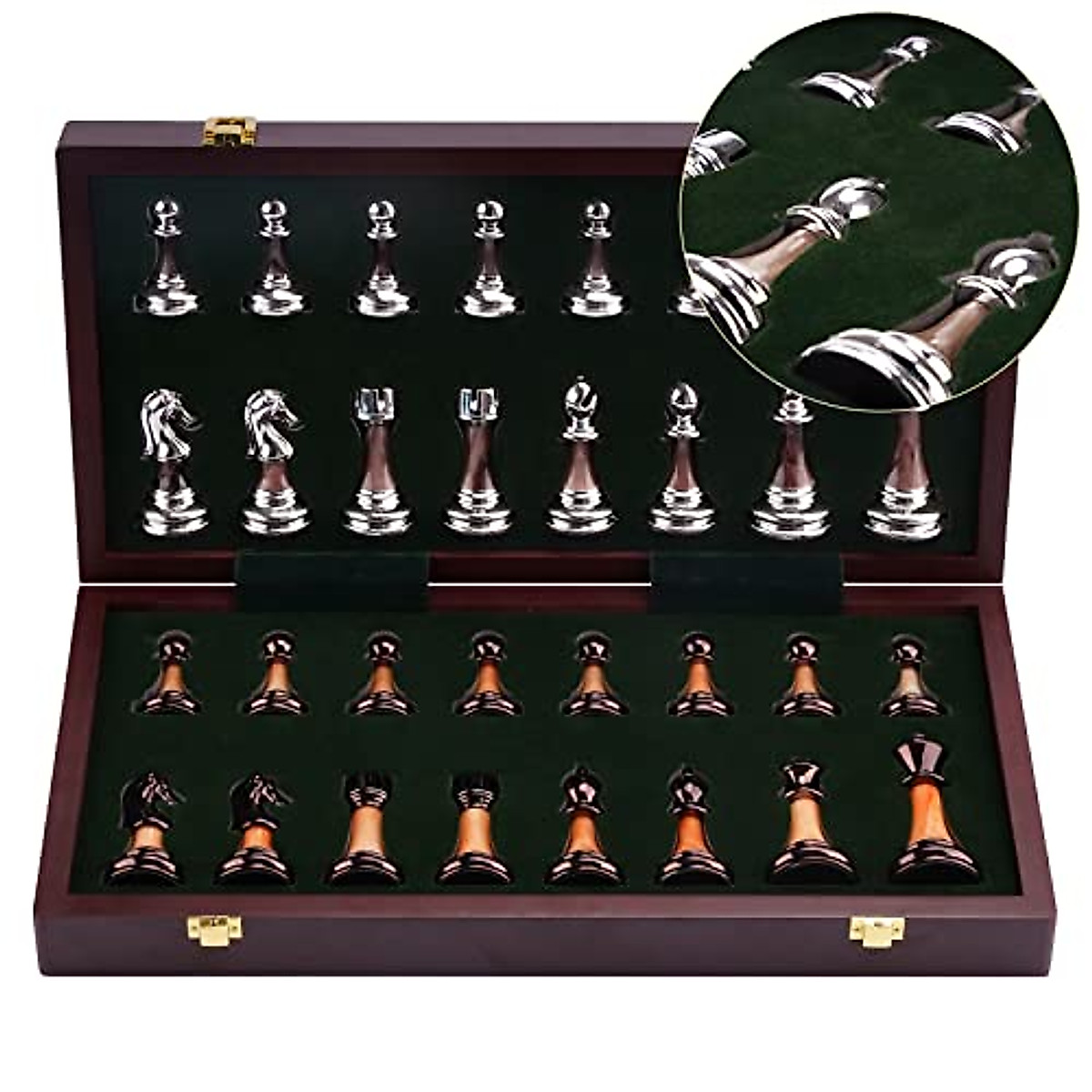 15" Metal Chess Sets for Adults Kids with Zinc Alloy + Acrylic Chess Pieces & Portable Folding Wooden Chess Board Travel Chess Set Board Game Gift – Metal Staunton Chess Pieces, & Storage Box