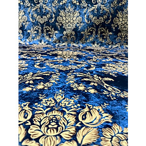 Decora Furnishings Damask Design Digitally Printed Velvet Finish Fabric for Upholstery, Chairs, Cushions, Window Treatments Crafts Rennaisance Rococo Victorian Style 54" Width By the Yard (Royal Blue)