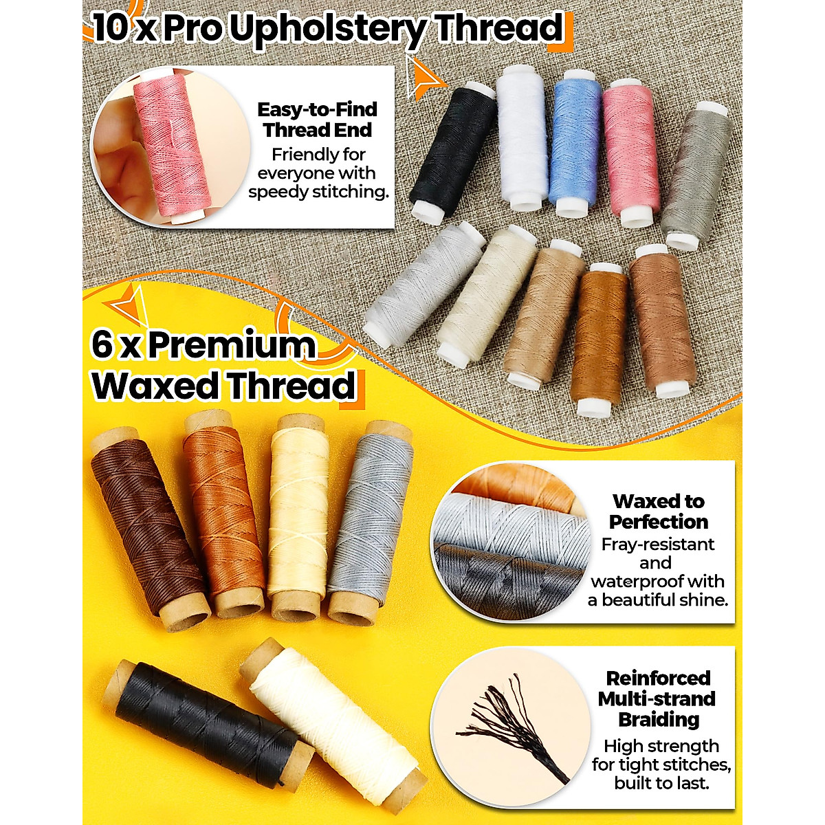 【Upgraded】Leather Upholstery Repair Kit: PLANTIONAL 60pcs Sewing Kit with Waxed and Upholstery Thread, Large-Eye Needle, 3 Sewing Awl, Heavy Duty Sewing Kit for Car Carpet Sofa Shoe Backpack Craft DIY