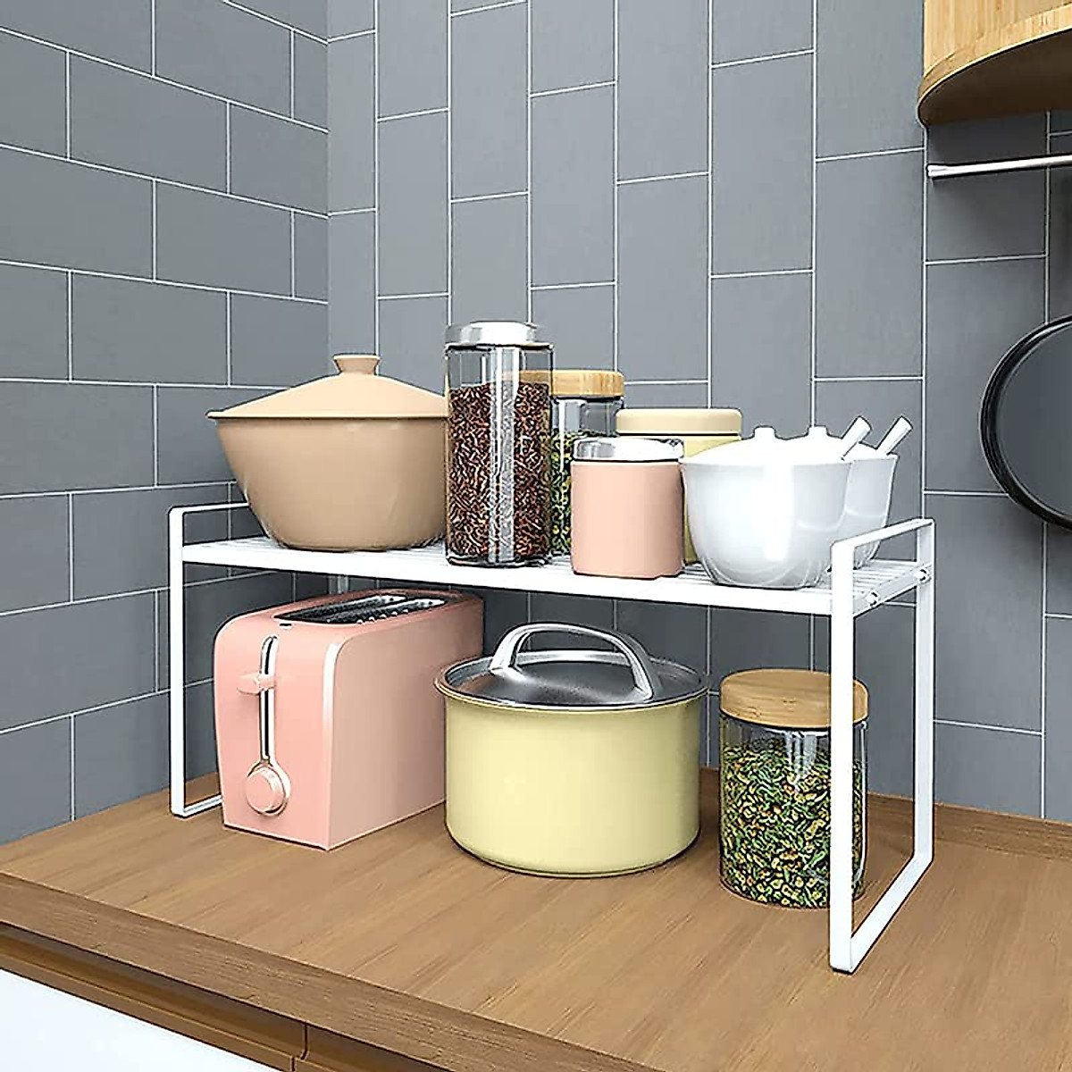 Kitchen Cabinet Storage Rack Bedroom Under Sink Countertop Metal Shelf with L Key White Iron,Space Saving Steel Frame Stackable Rust Resistant Non Slip White