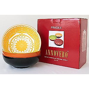 Annovero Serving Bowls, Set of 3 Large Porcelain Dishes for Entertaining, Big Bowl, Large Bowls for Eating, for Soup, Salad, Pasta, Parties, Fruit, Chips, 9.5 Inch Diameter, 72 Fluid Ounce Capacity